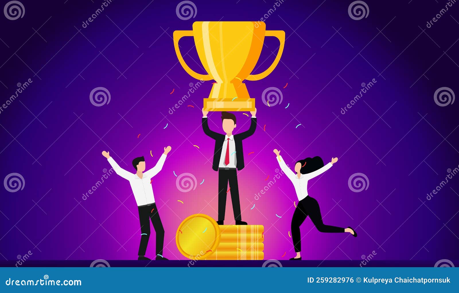 Businessmen Stand on Medals and Trophies with Staff Showing Joy. Stock ...