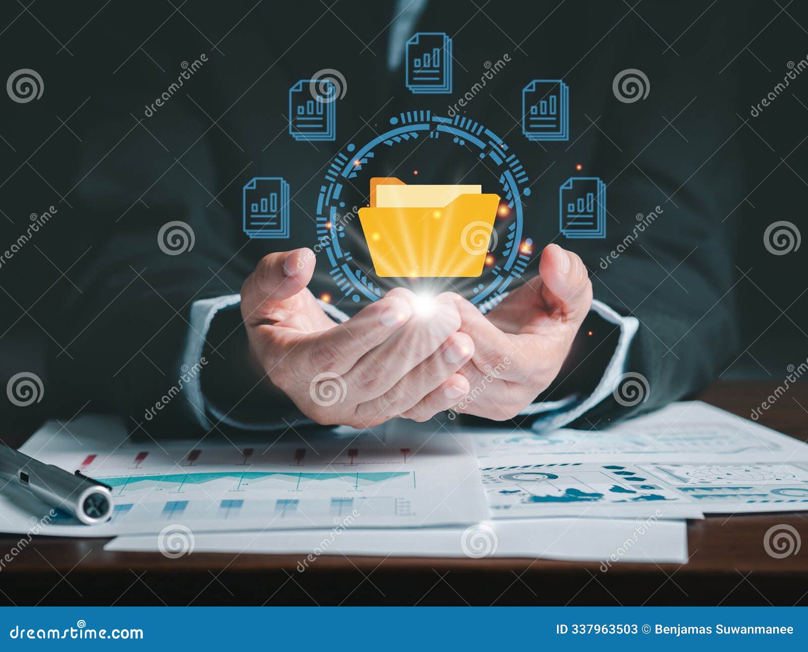 Businessman Holding a Virtual Document File Icon. Document Data ...