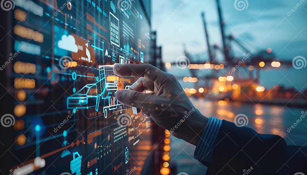 Businessman Holding Virtual Interface Panel of Global Logistics Network ...