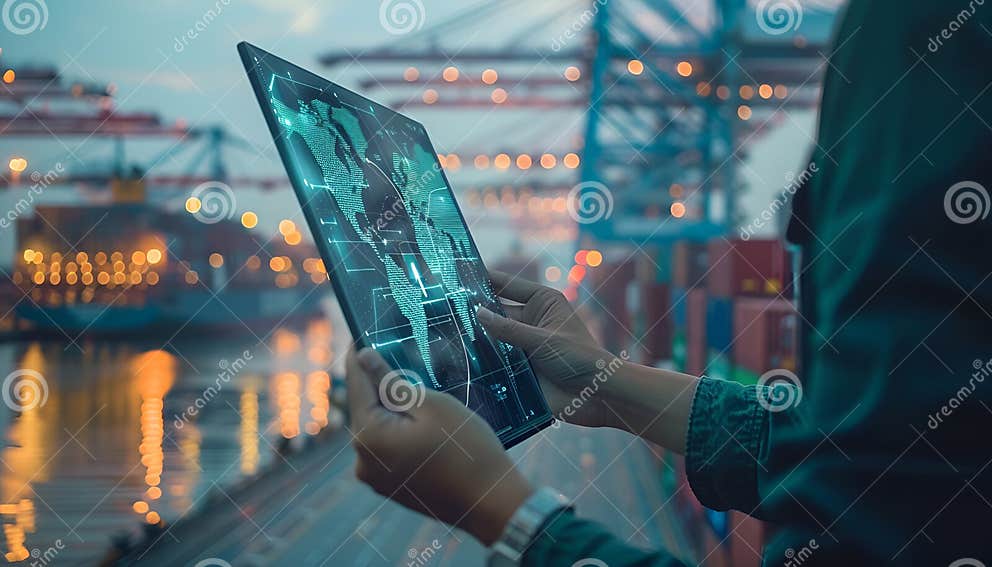 Businessman Holding Virtual Interface Panel of Global Logistics Network ...