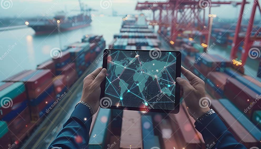 Businessman Holding Virtual Interface Panel of Global Logistics Network ...