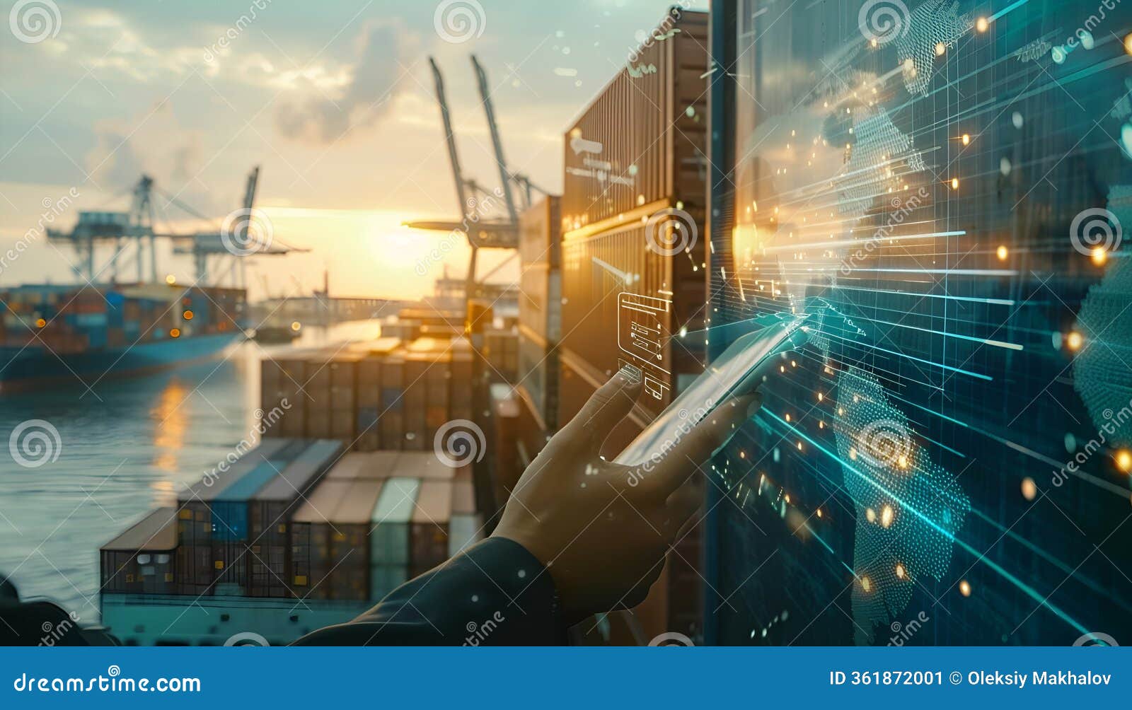 Businessman Holding Virtual Interface Panel of Global Logistics Network ...