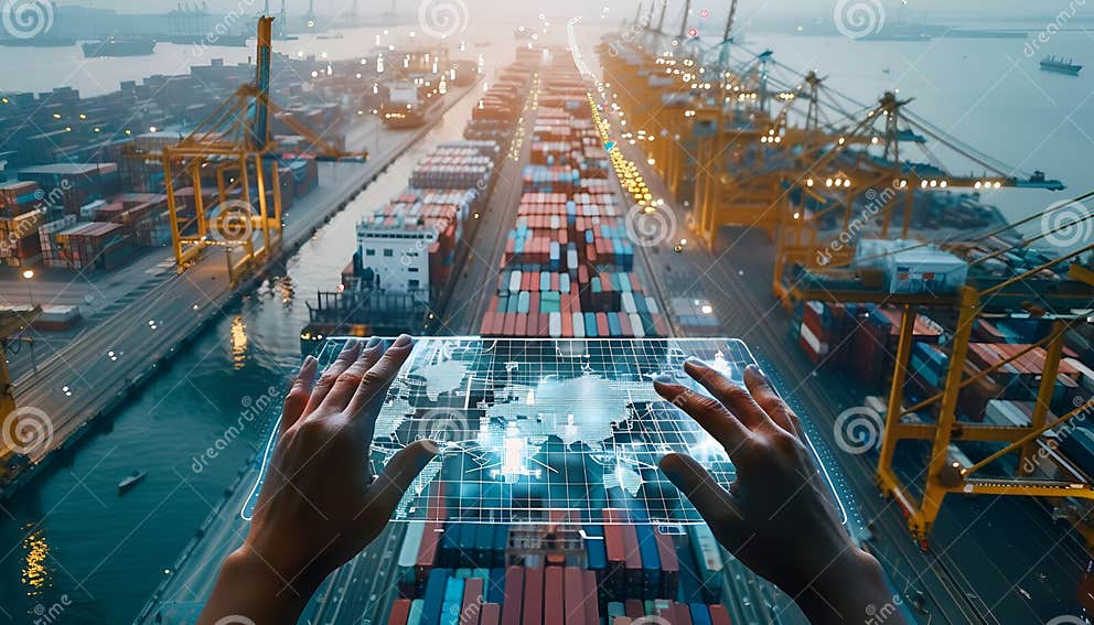 Businessman Holding Virtual Interface Panel of Global Logistics Network ...