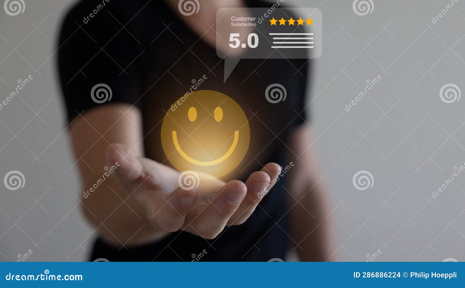 Businessman Holding Virtual Smiley Face with Five Stars and Using ...