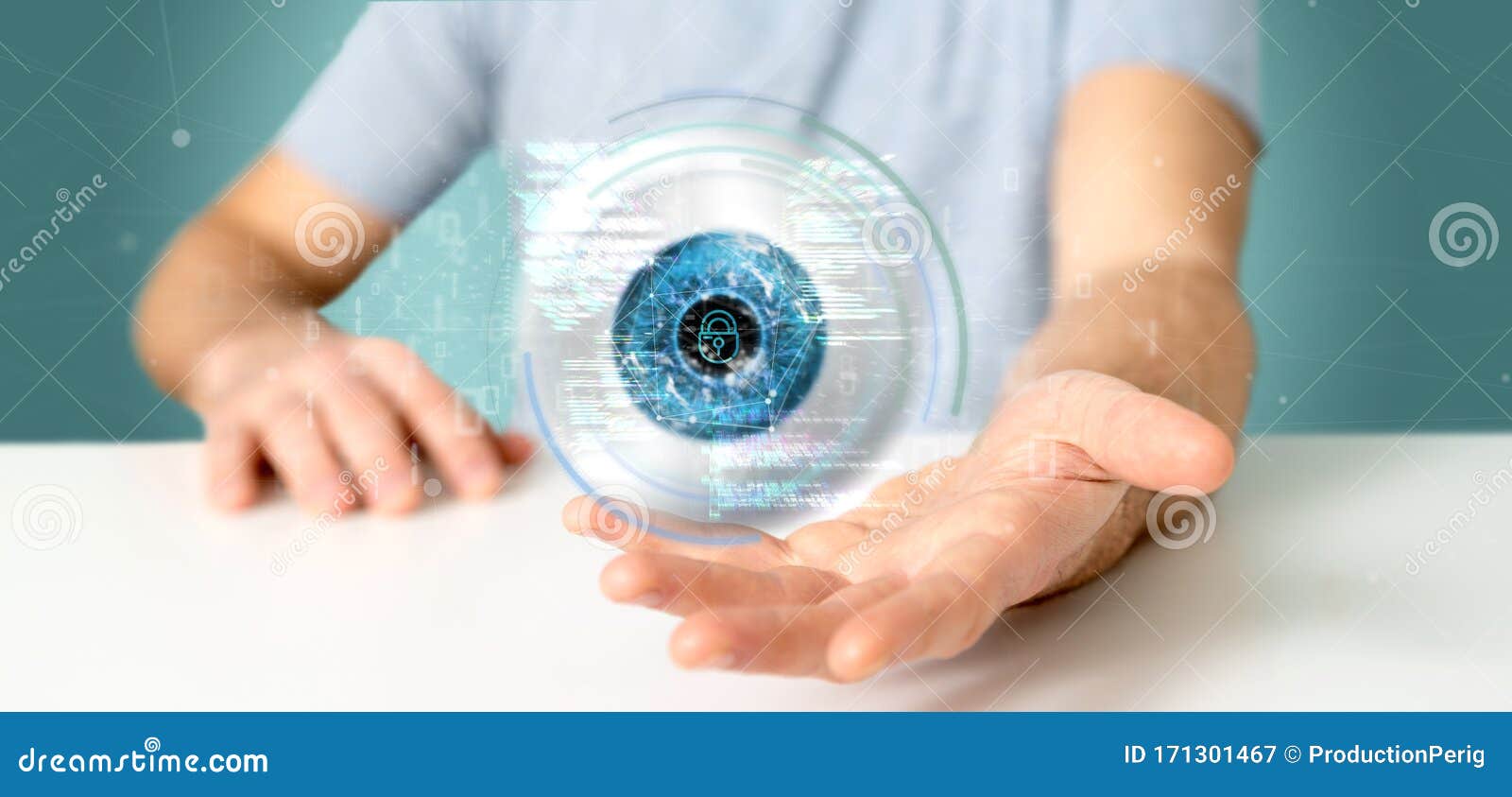 Businessman Holding a Visual Recognition Eye Concept with Data - 3d ...