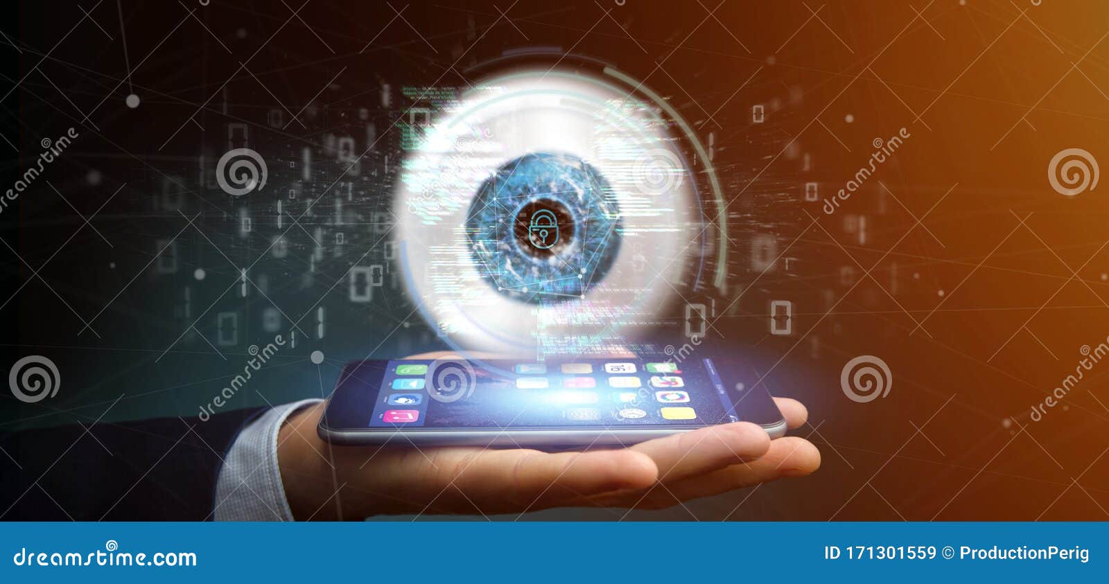 Businessman Holding a Visual Recognition Eye Concept with Data - 3d ...