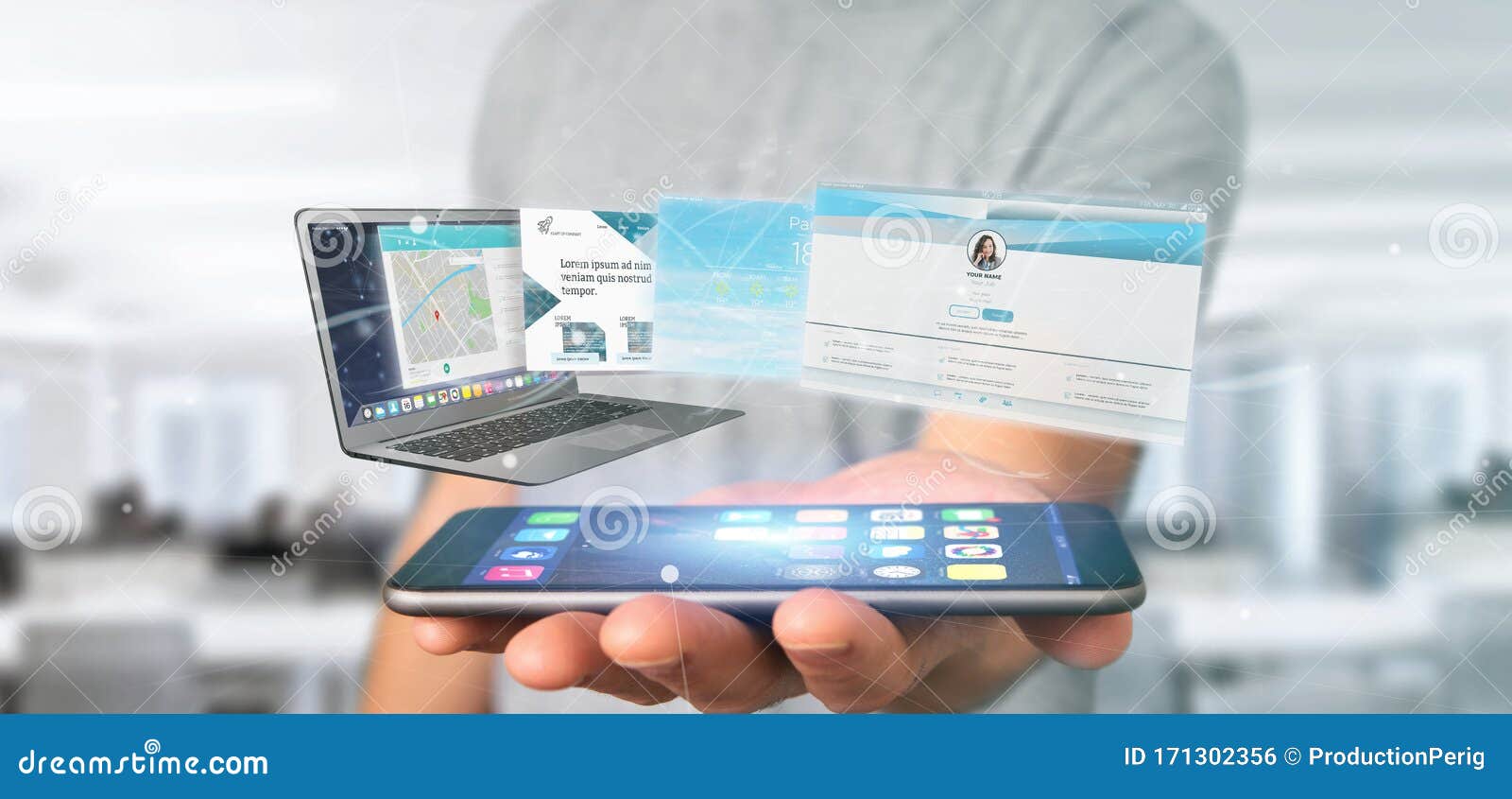 Businessman Holding a Website Application Going Out a Laptop Screen 3d ...