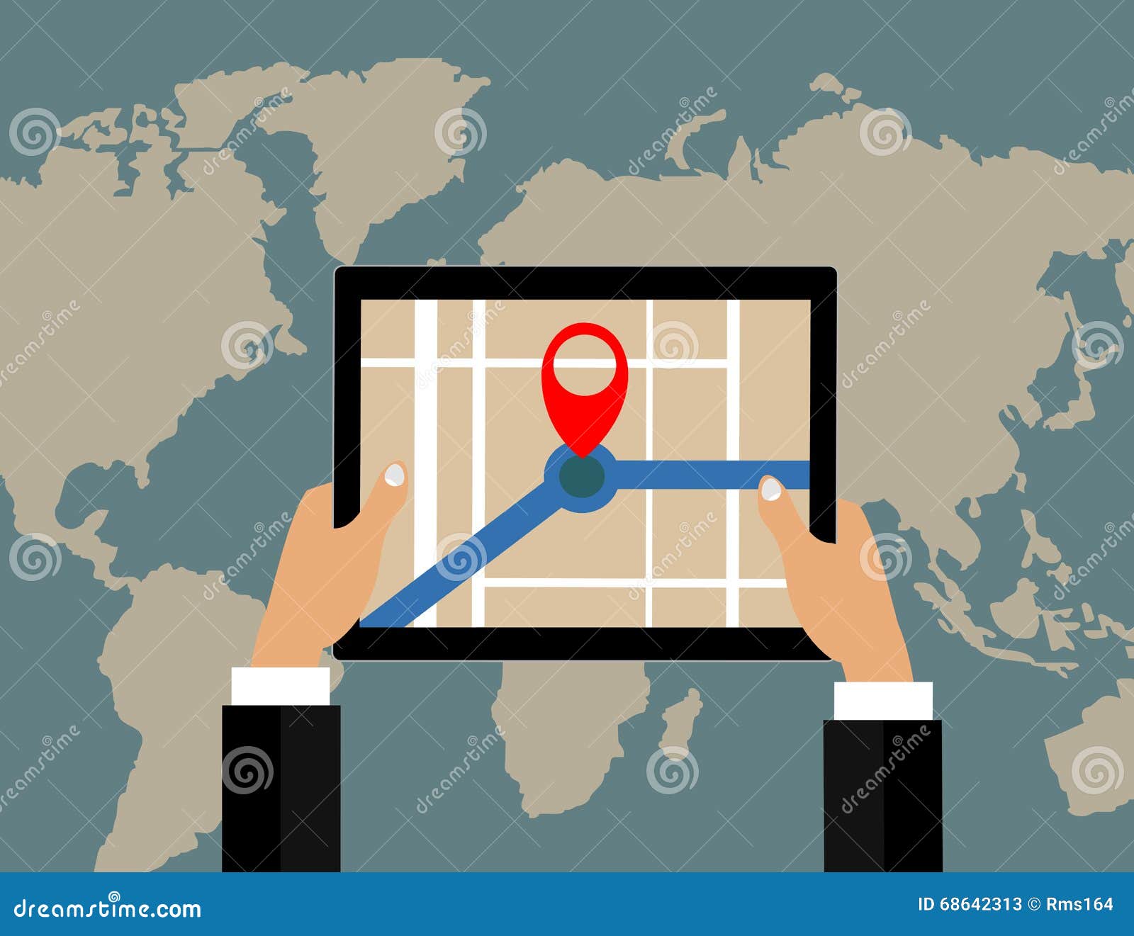 Businessman Holds Tablet and World Map with Location Pointer Stock ...