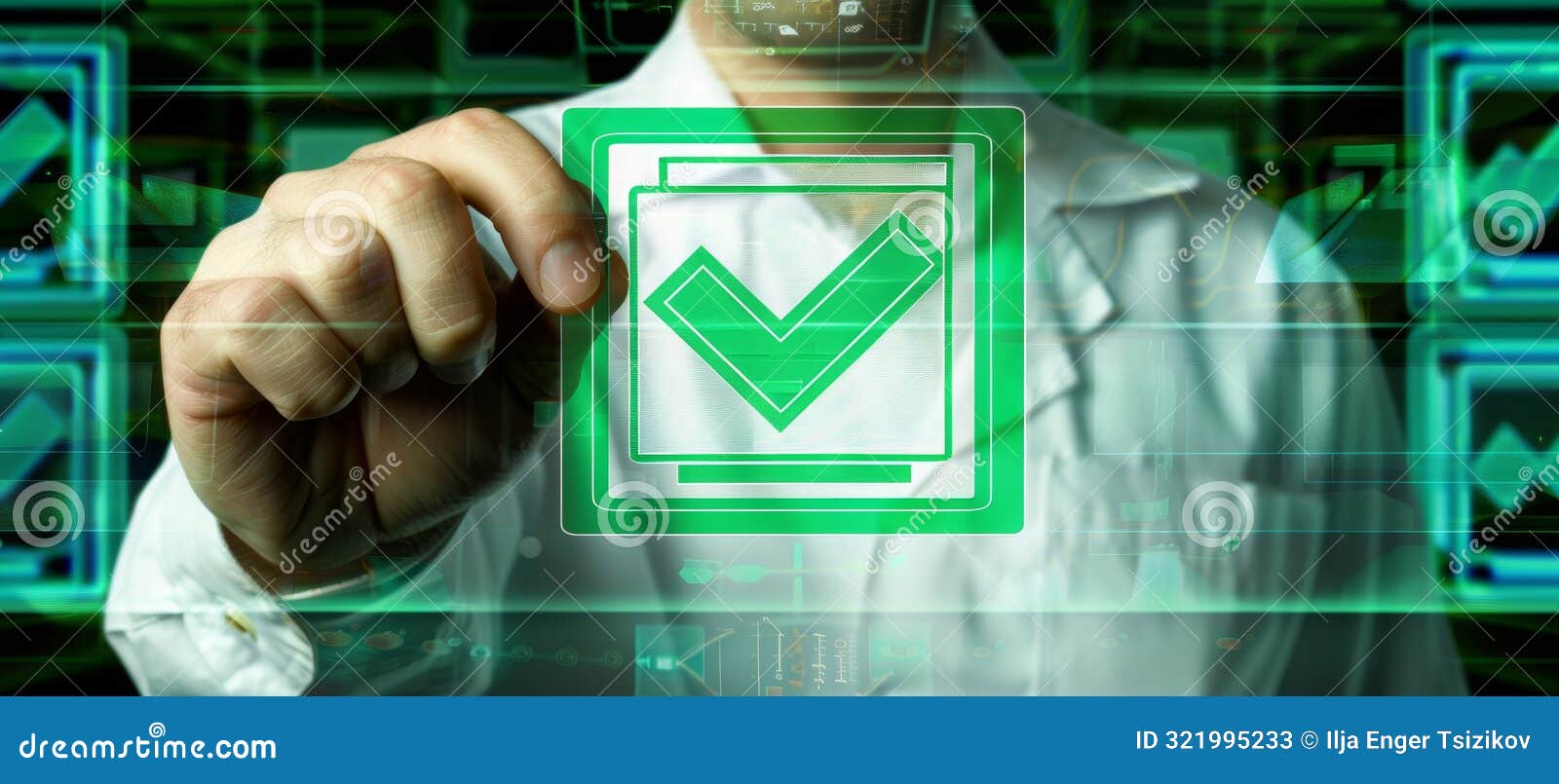 Businessman with Holographic Green Compliance Check Mark for Audit and ...