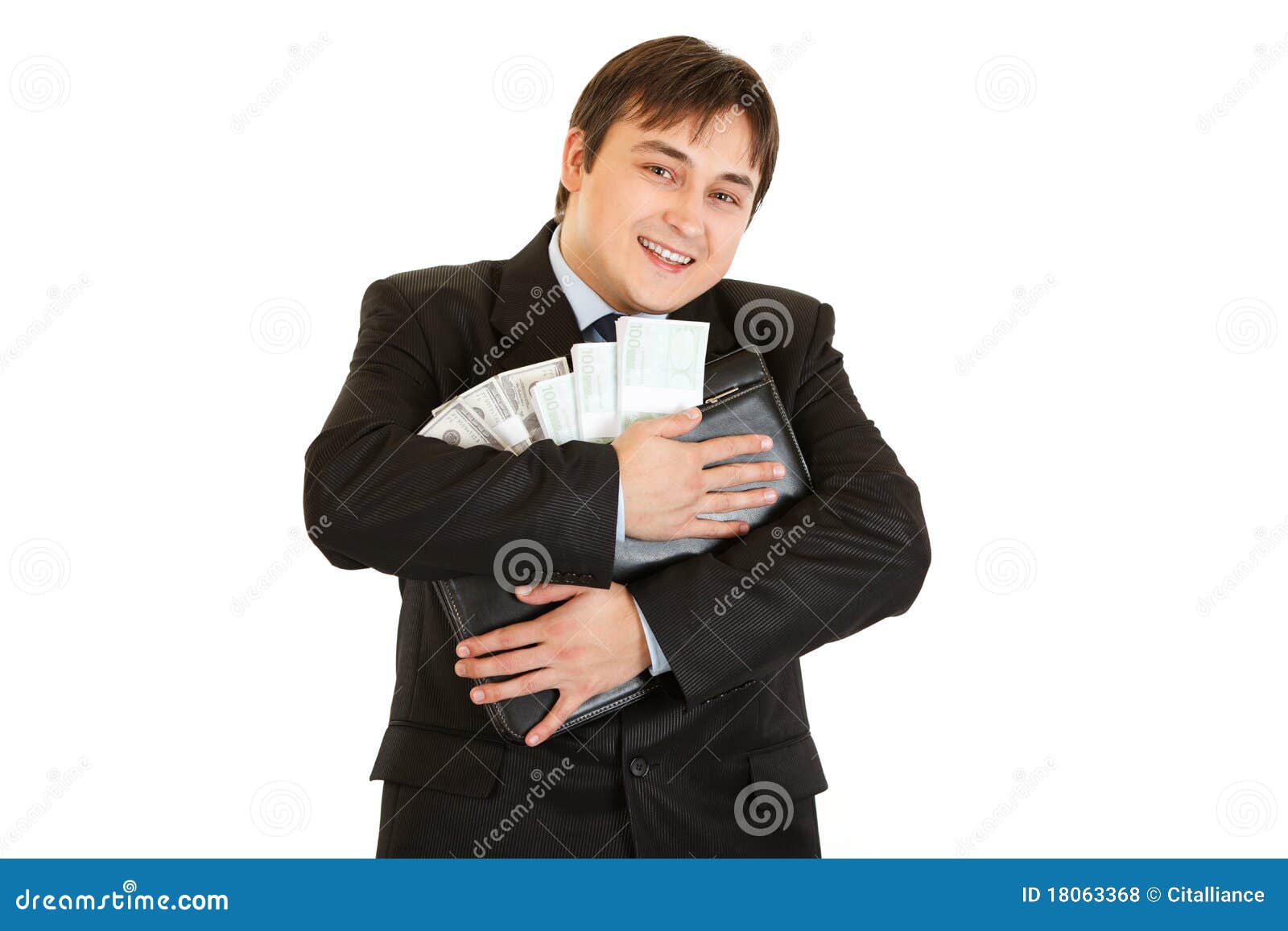 Businessman Hugging Briefcase with Money in Hands Stock Photo - Image ...