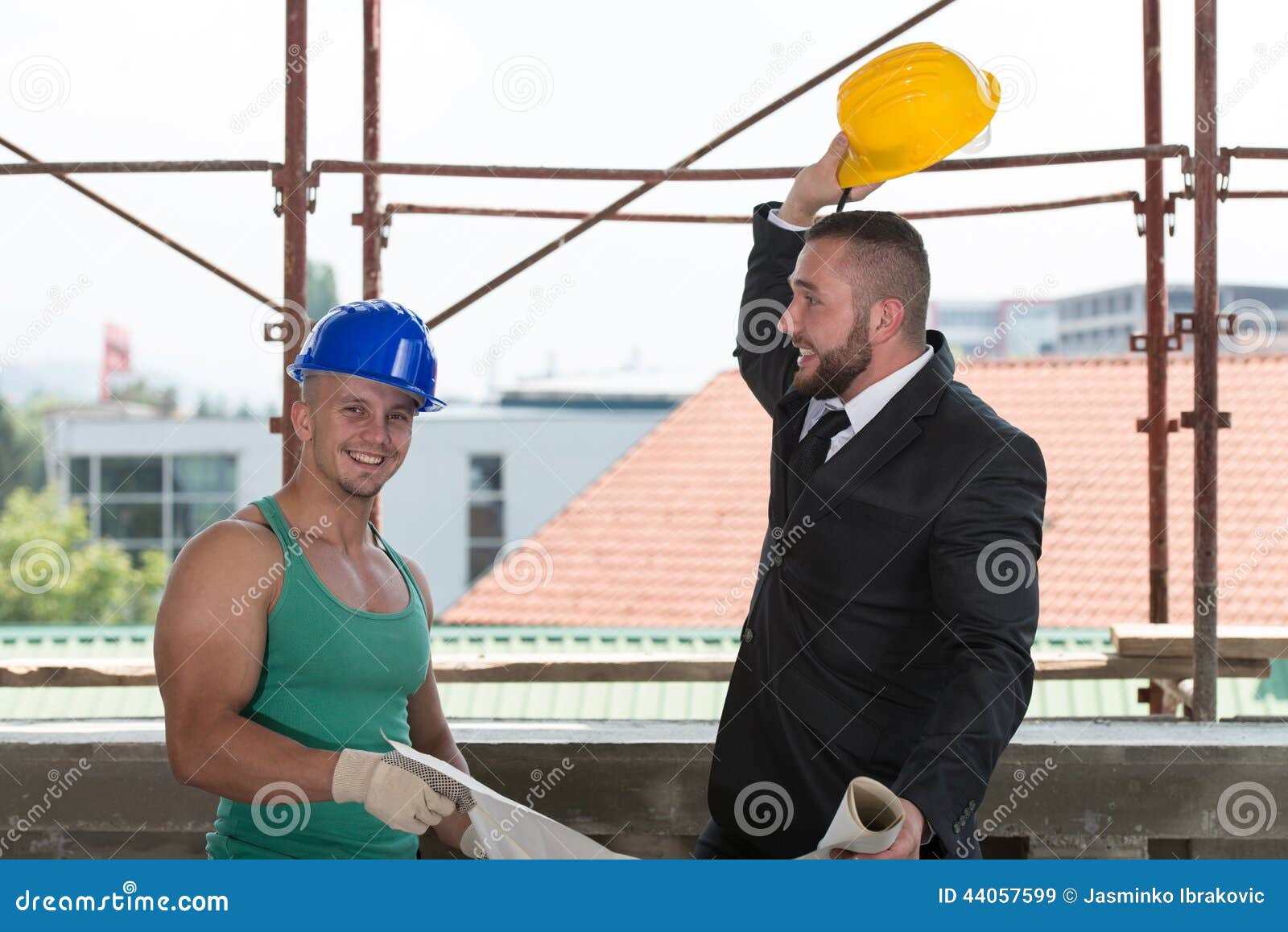 Businessman and Industrial Worker Playing Around Stock Image - Image of ...