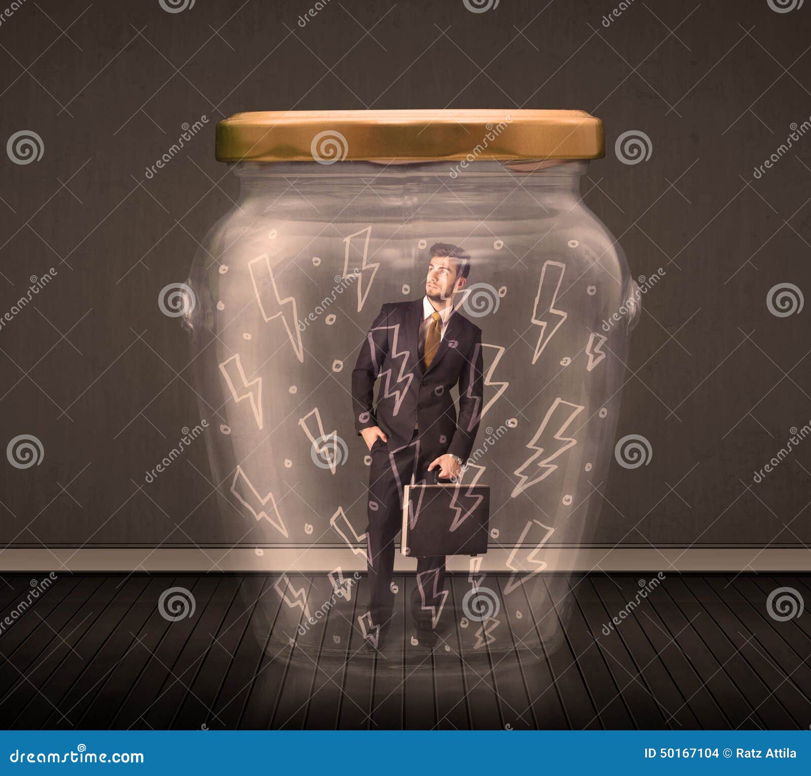 Businessman Inside a Glass Jar with Lightning Drawings Concept Stock ...