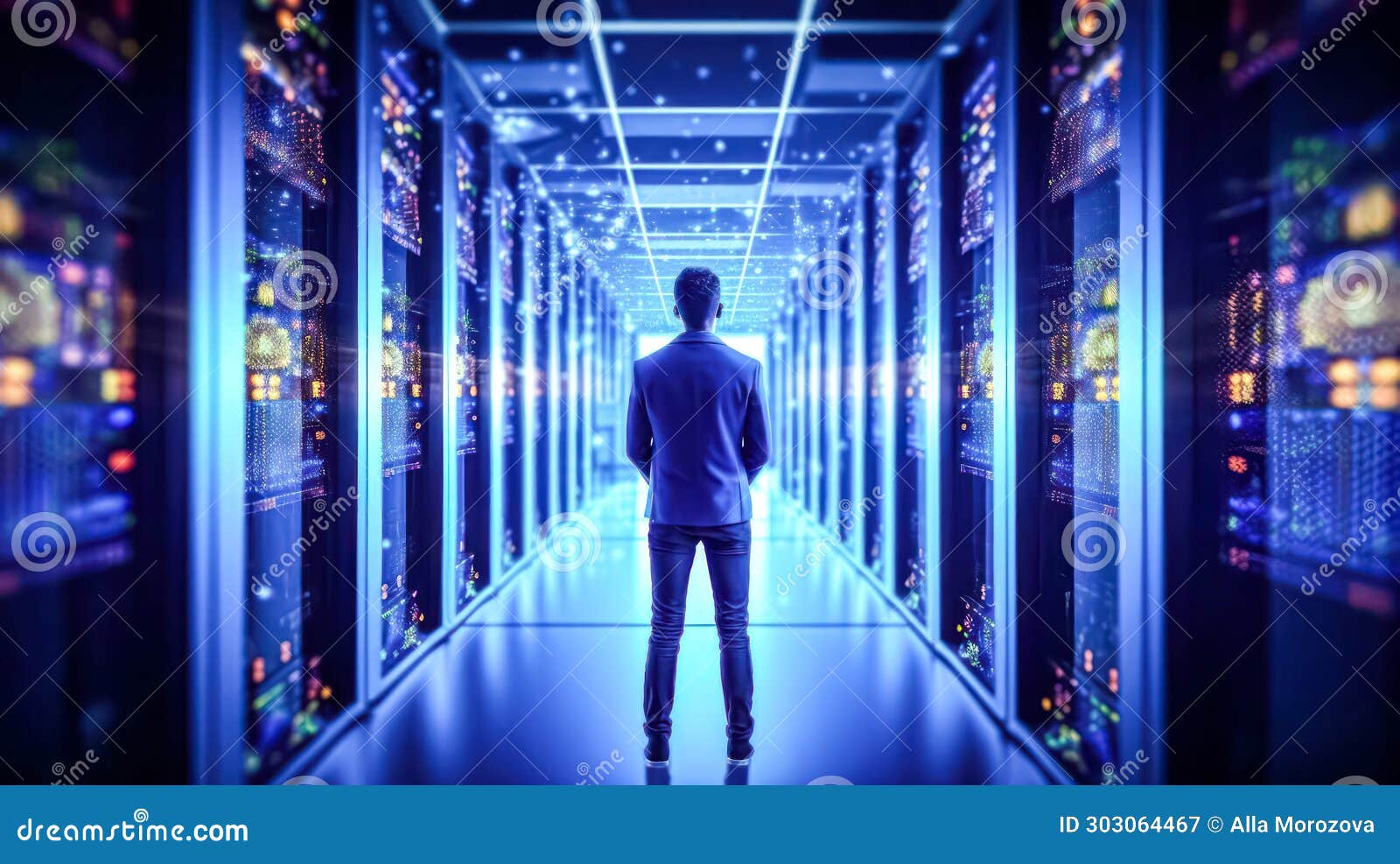 Businessman Inspects Server Cabinets in a Data Center Corridor Stock ...