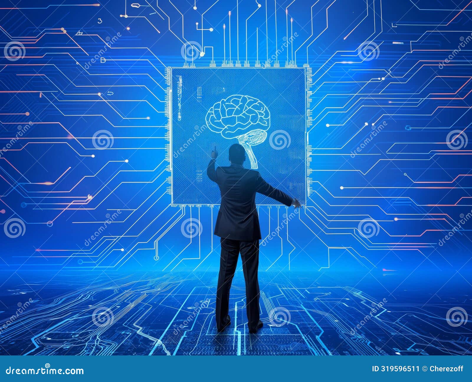 Businessman Interacting with AI Brain Interface Stock Illustration ...