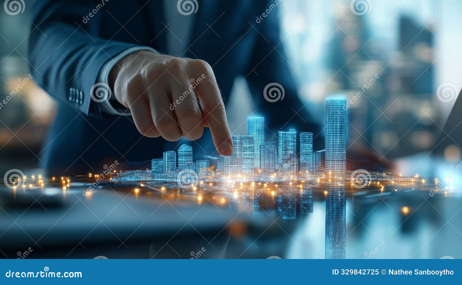 Businessman Interacting with Virtual City Model Stock Illustration ...
