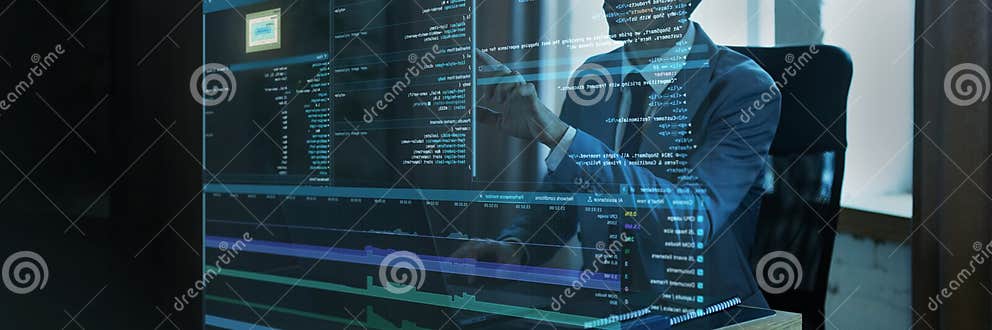 Businessman Interacting with Virtual Code Interface. Transparent Digital Screen Displaying ...