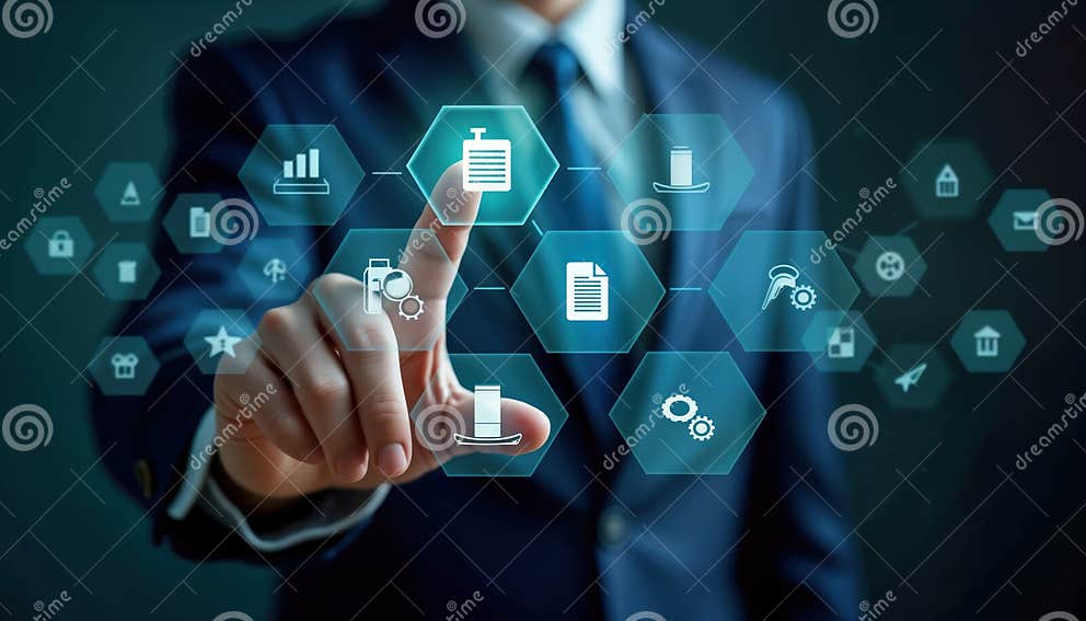 Businessman Interacts with Digital Documents Management System ...