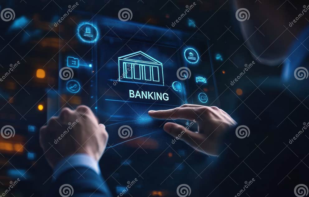 Businessman Interacts with a Virtual Banking Interface Using Touch ...