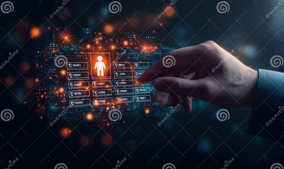 Businessman Interacts with Virtual Screen Selecting Options Related To ...