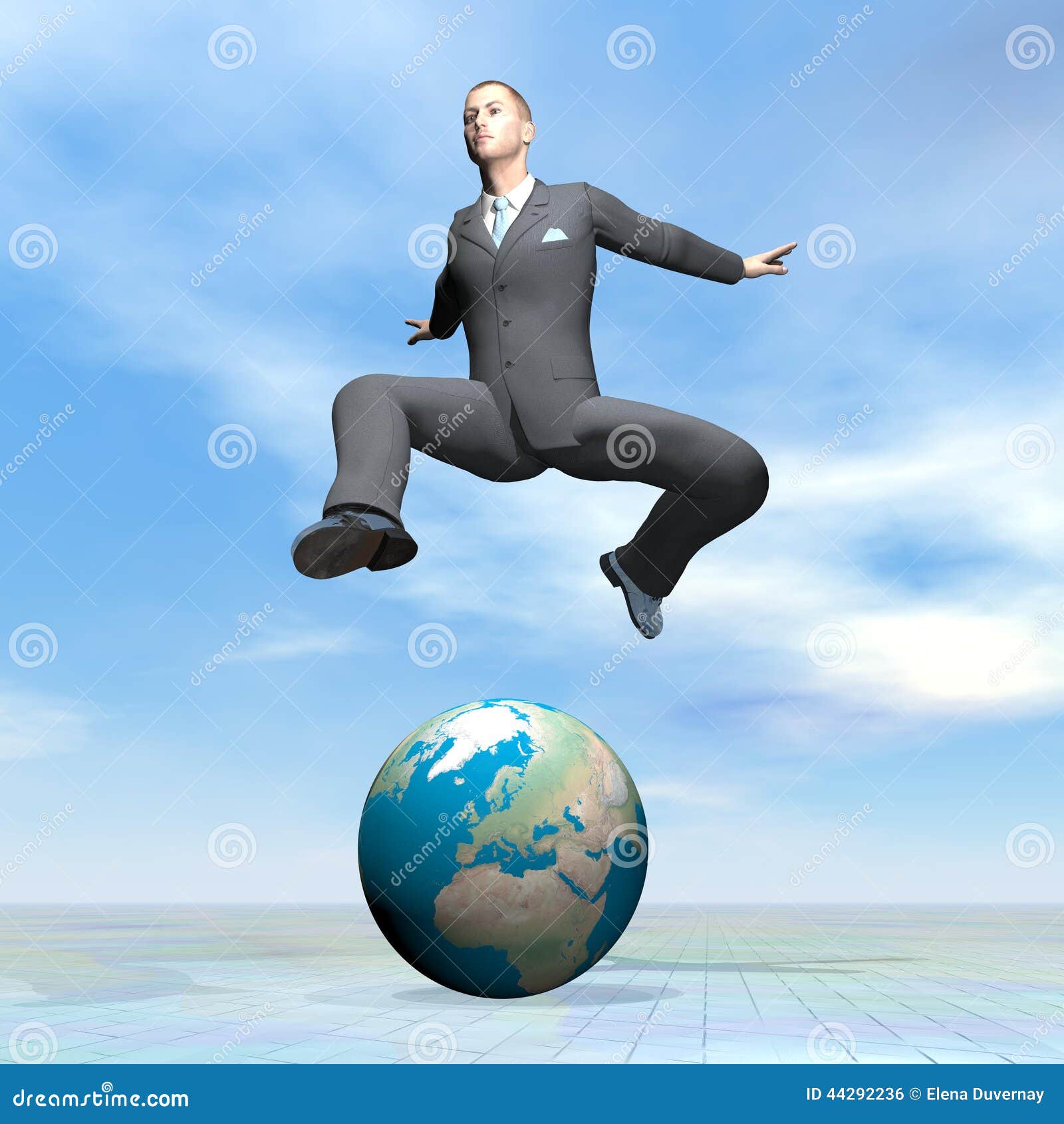 Businessman Jumping upon Earth - 3D Render Stock Illustration ...