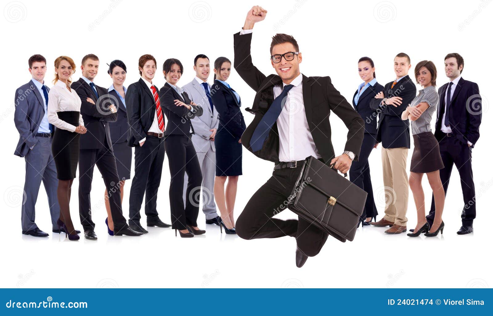 Businessman Jumping in Front of His Team Stock Photo - Image of ...