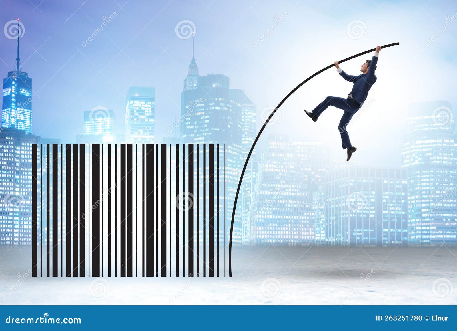 Businessman Jumping Over Bar Code in Pole Vaulting Stock Photo - Image ...