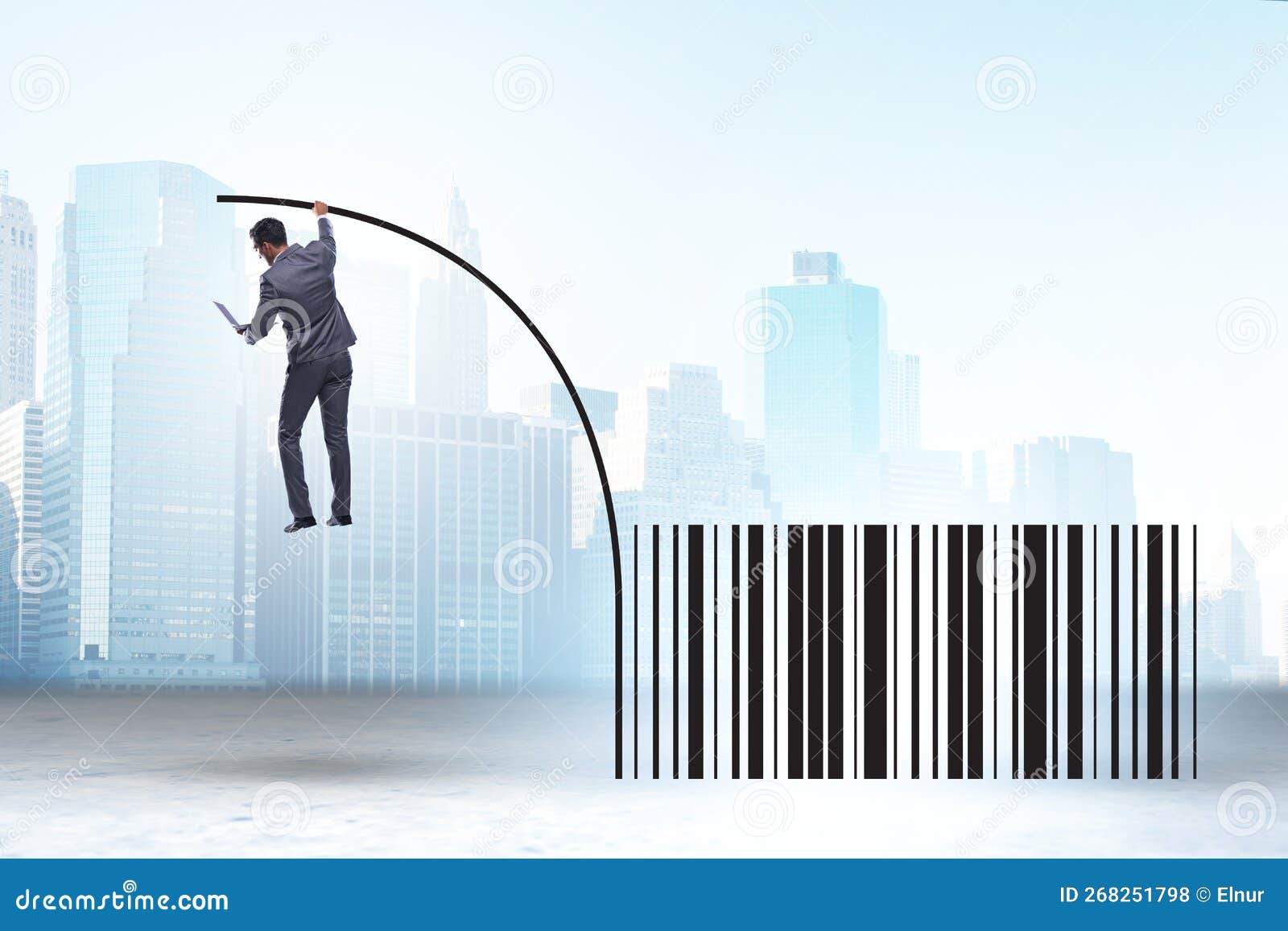 Businessman Jumping Over Bar Code in Pole Vaulting Stock Photo - Image ...