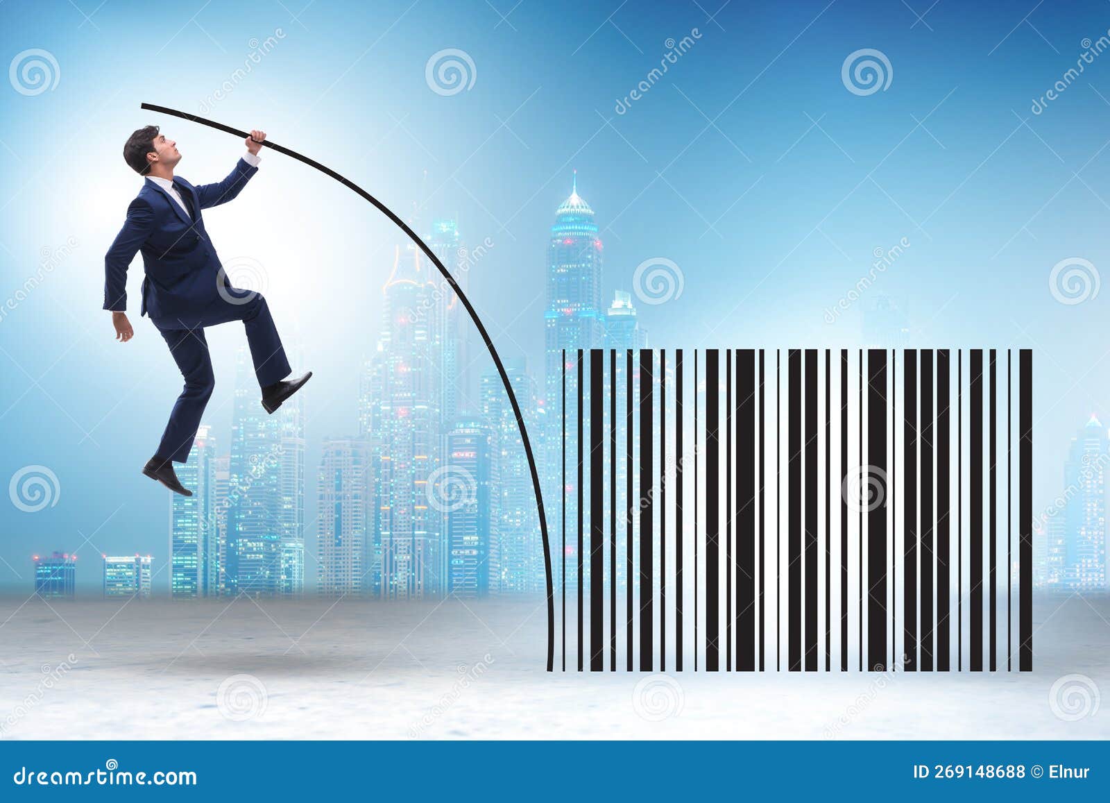 Businessman Jumping Over Bar Code in Pole Vaulting Stock Photo - Image ...
