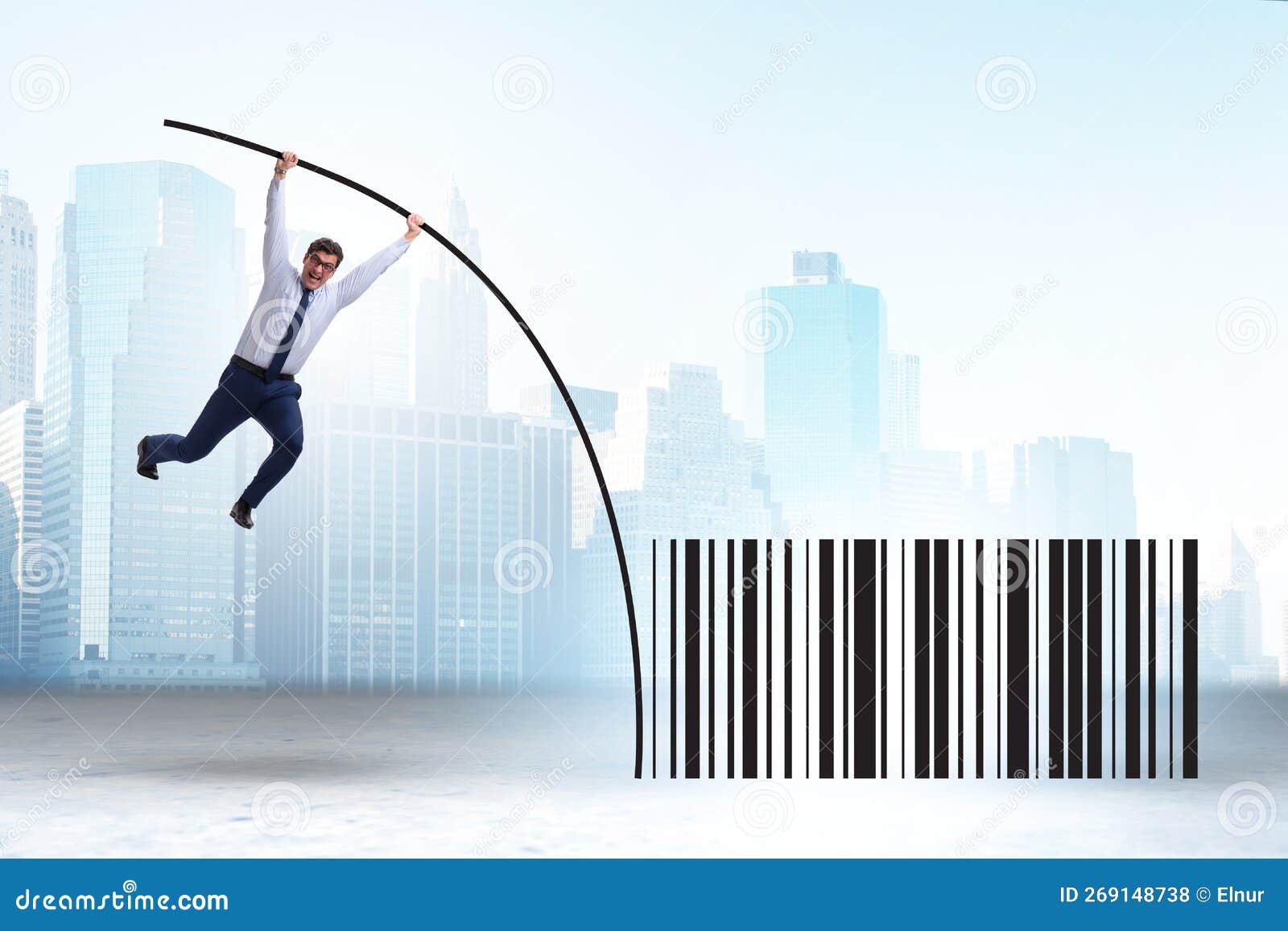 Businessman Jumping Over Bar Code in Pole Vaulting Stock Photo - Image ...