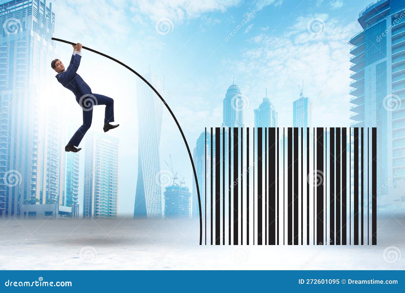 Businessman Jumping Over Bar Code in Pole Vaulting Stock Image - Image ...