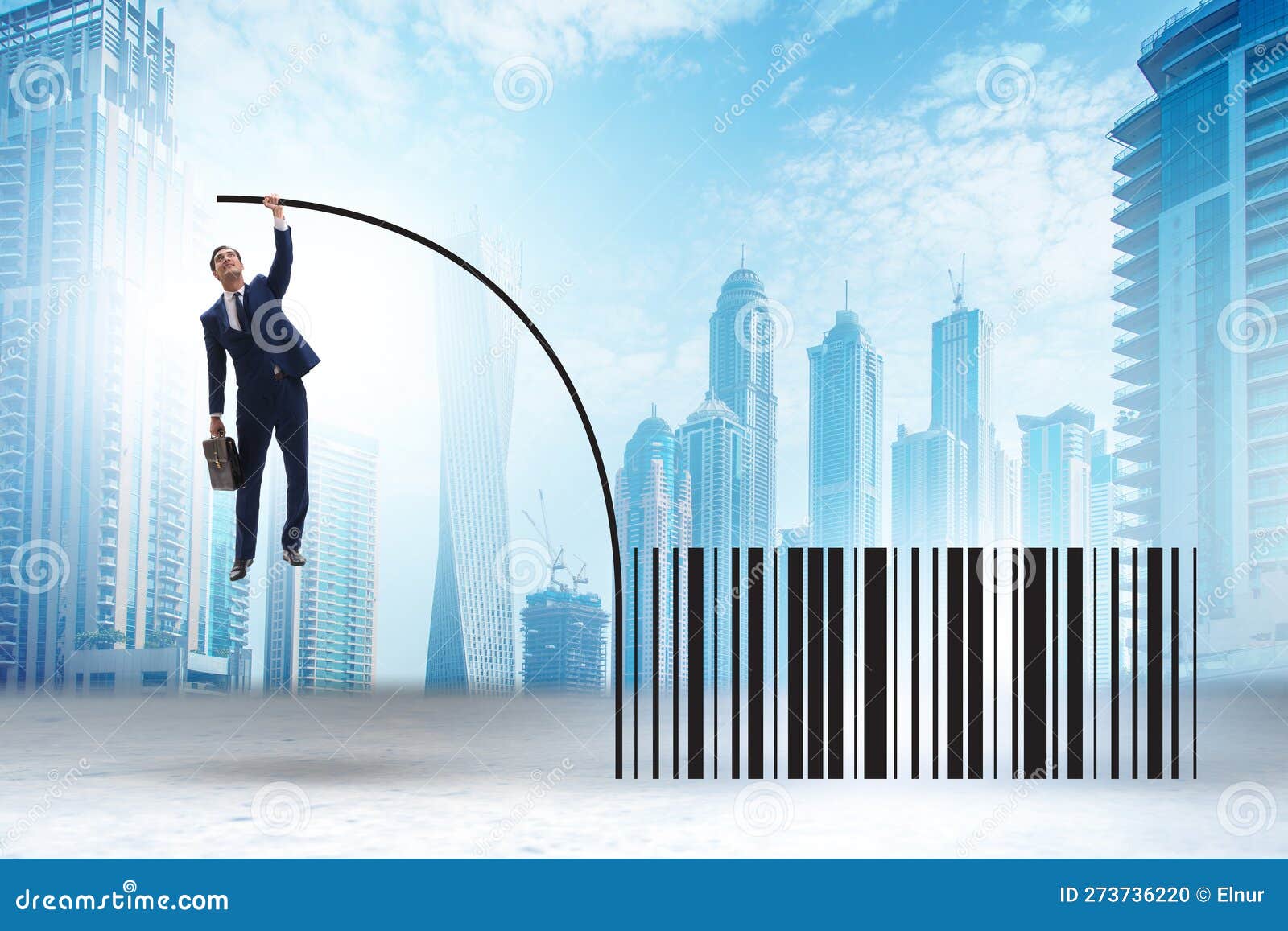 Businessman Jumping Over Bar Code in Pole Vaulting Stock Photo - Image ...