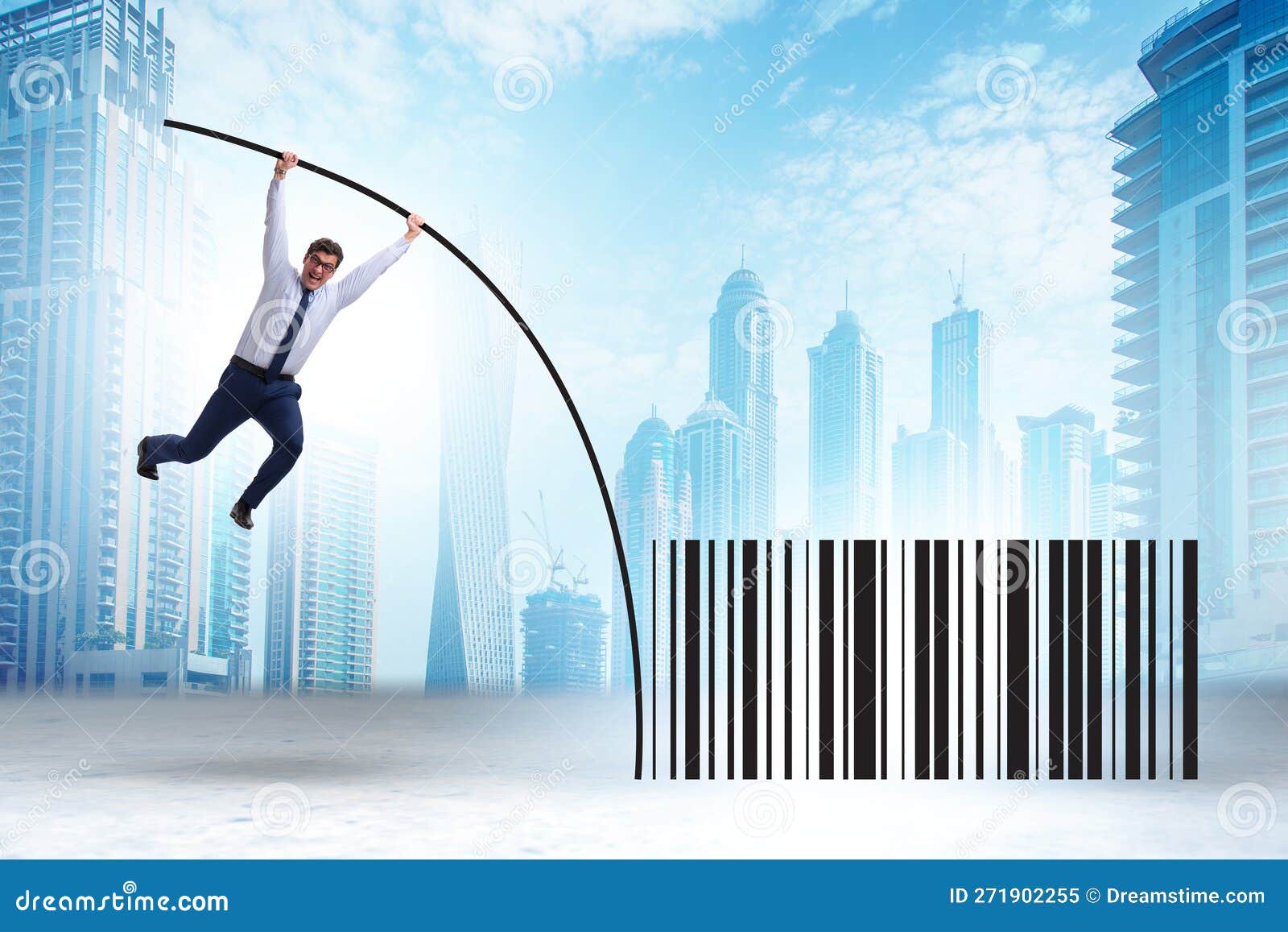 Businessman Jumping Over Bar Code in Pole Vaulting Stock Image - Image ...
