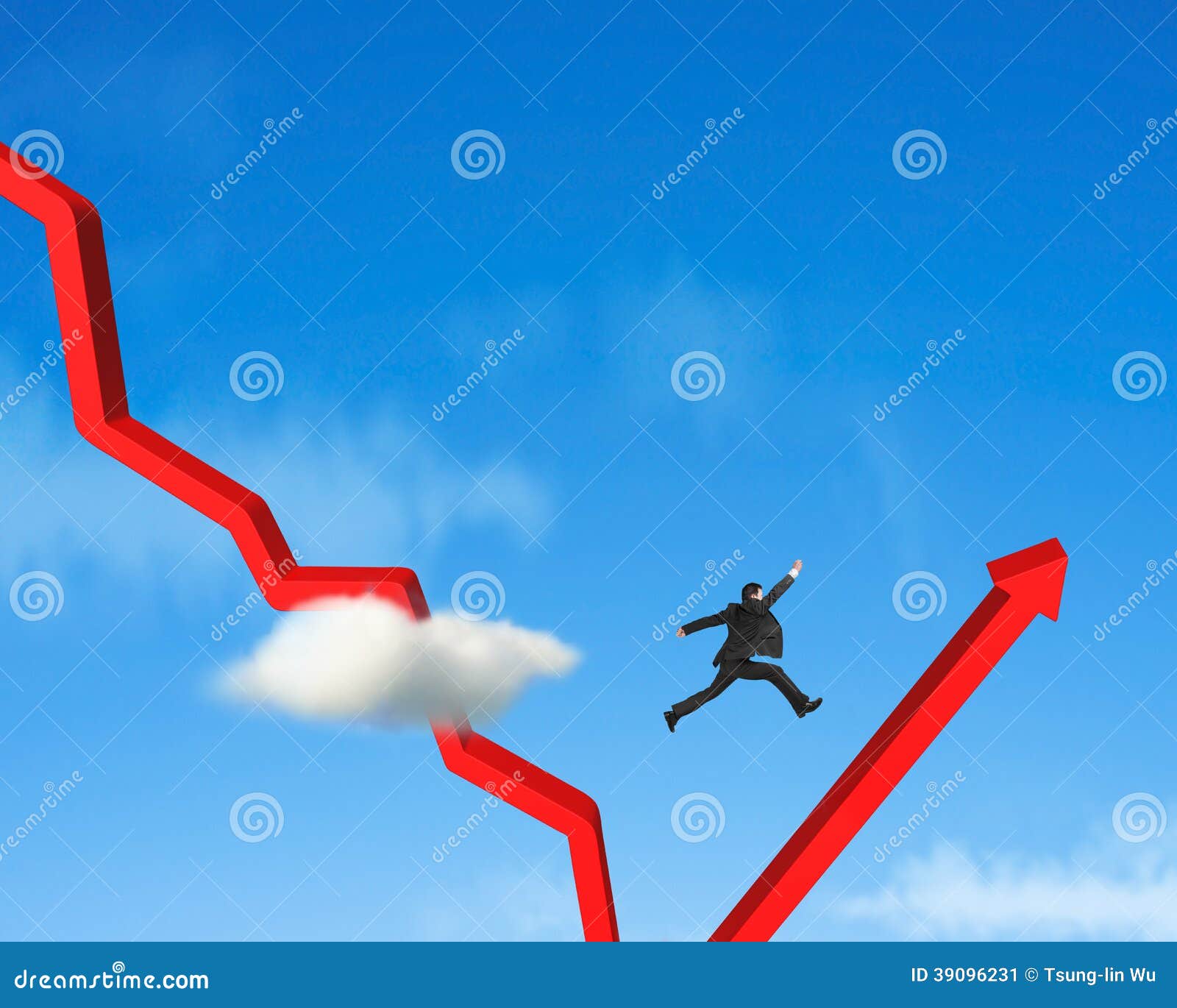 Businessman Jumping Over Gowing Down Red Arrow Stock Image - Image of ...