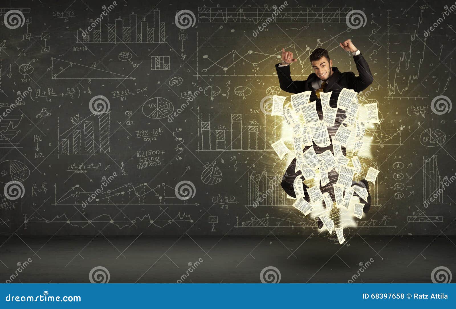 Businessman Jumping with Paper Document Cloud Stock Photo - Image of ...