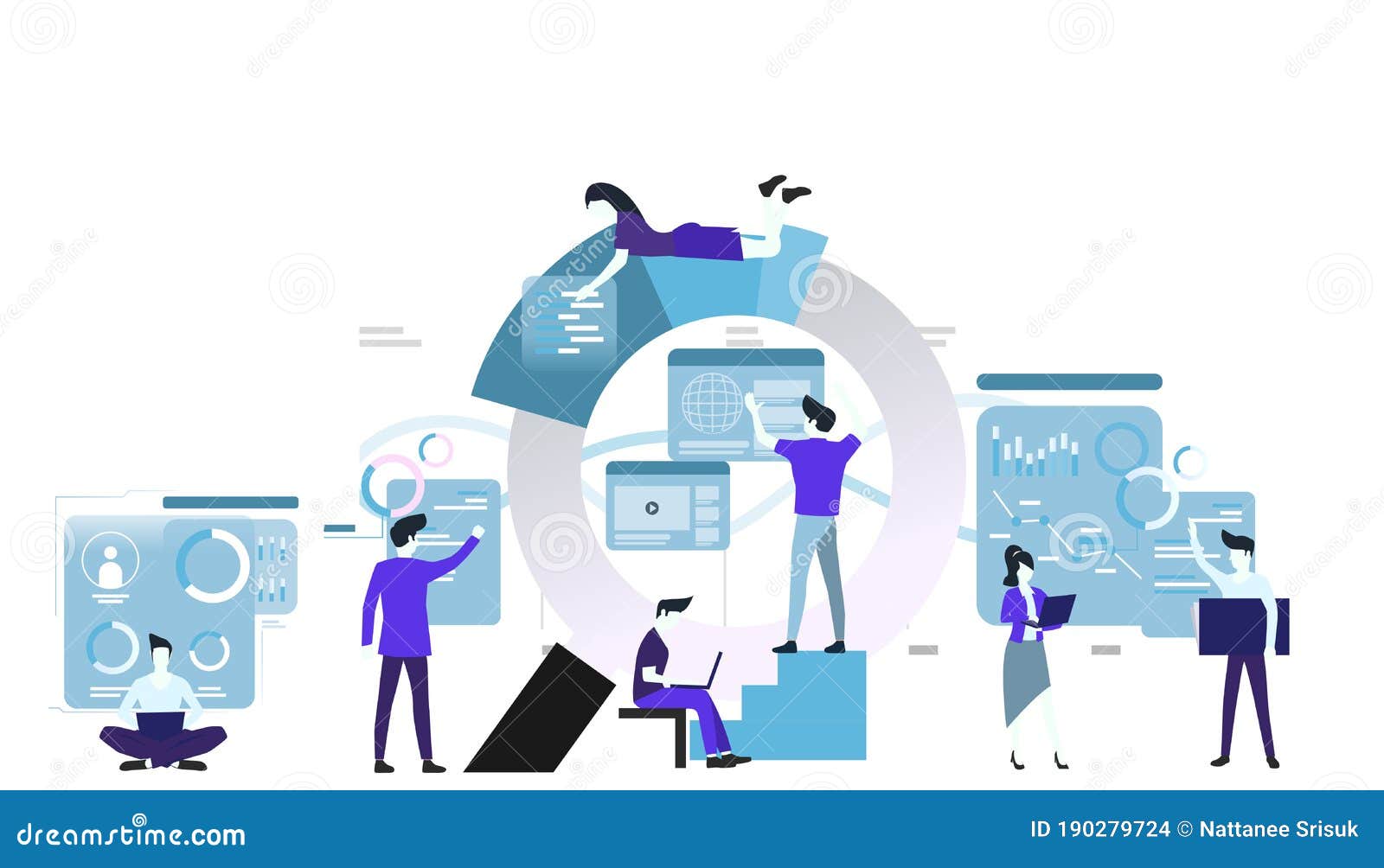 Businessman and Lady Group Analysts Working Graphs Illustration ...