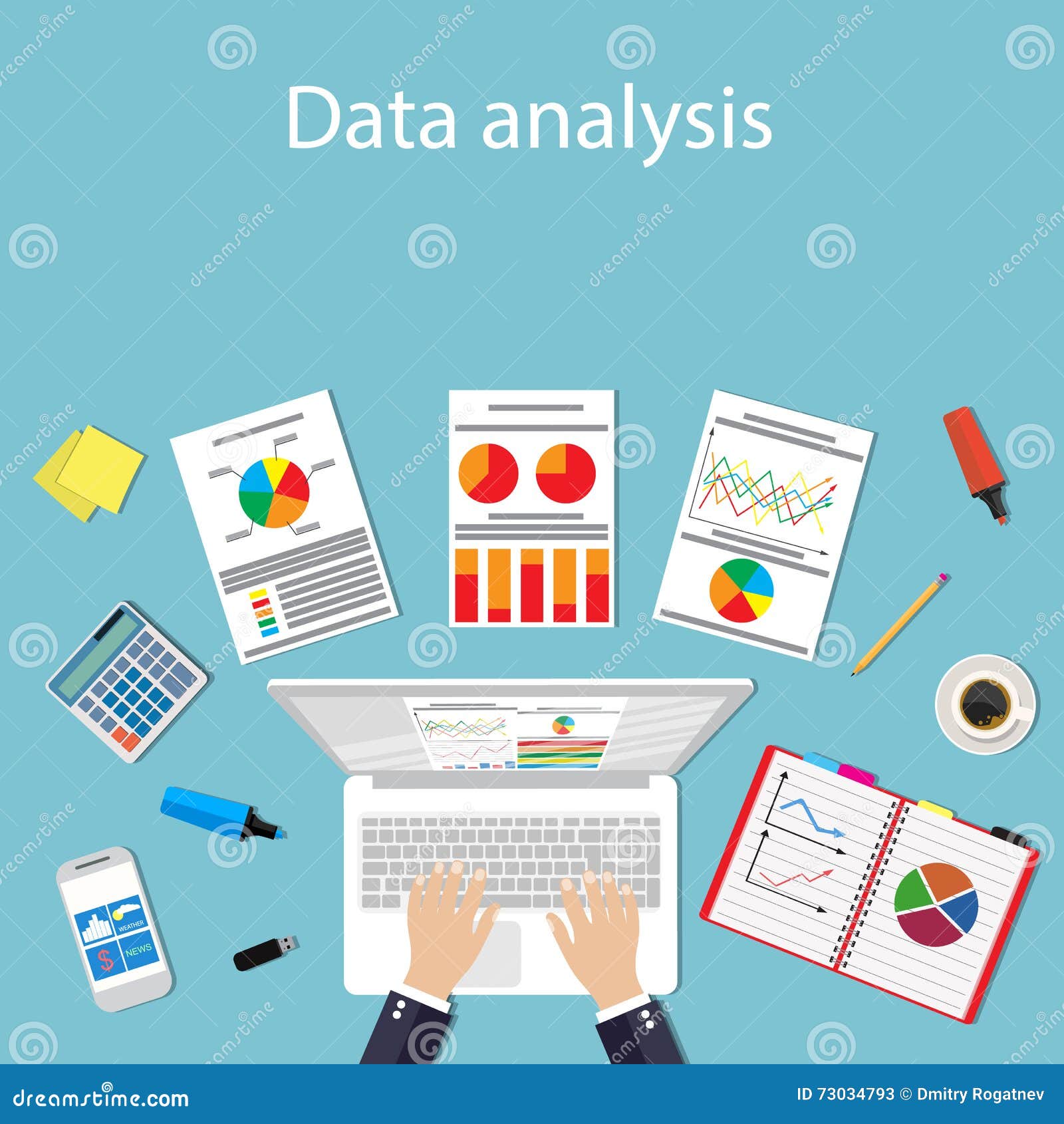 Businessman with Laptop Analyzes Data. Stock Vector - Illustration of icon, graph: 73034793