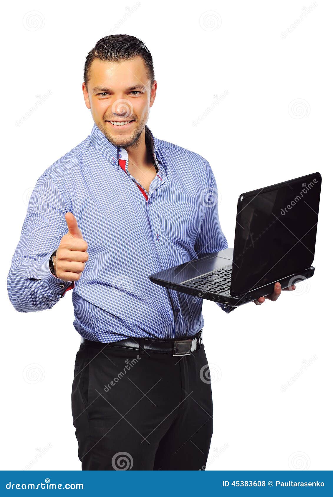 Businessman with Laptop Computer Showing Thumbs Up. Isolated Stock ...