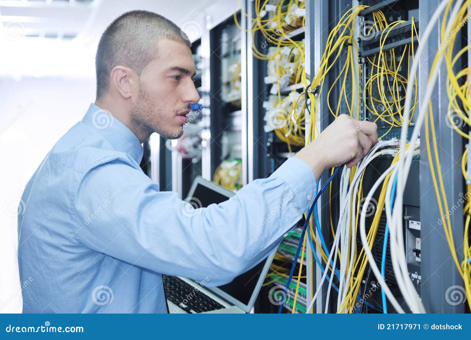 Businessman with Laptop in Network Server Room Stock Image - Image of ...