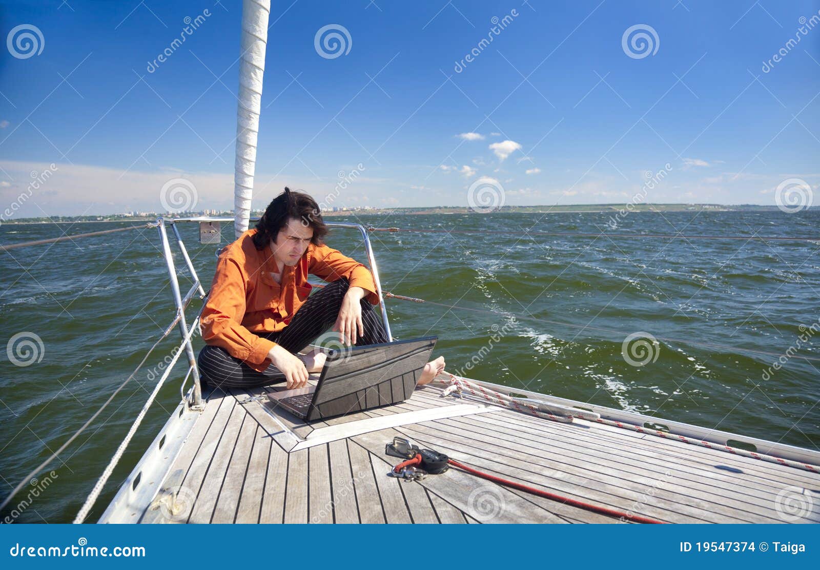 Businessman with Laptop on Sailboat Stock Photo - Image of cruise, boat ...