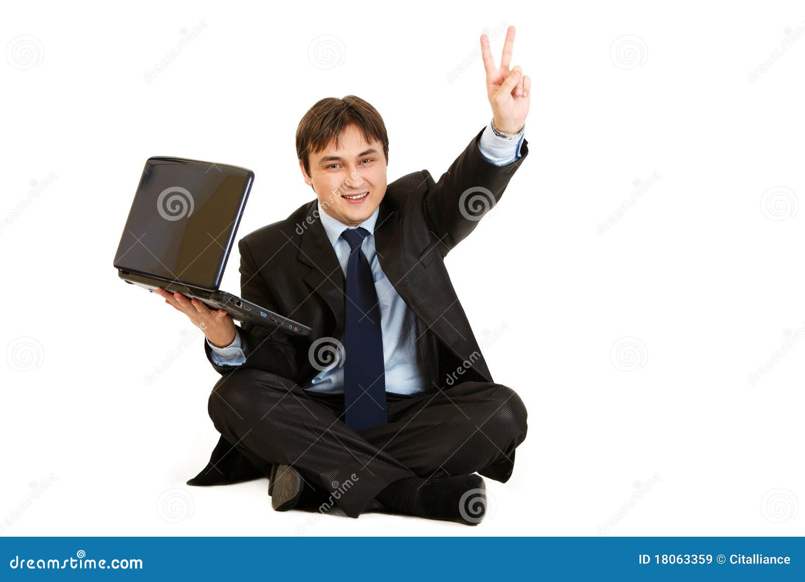 Businessman with Laptop Showing Victory Gesture Stock Image - Image of ...