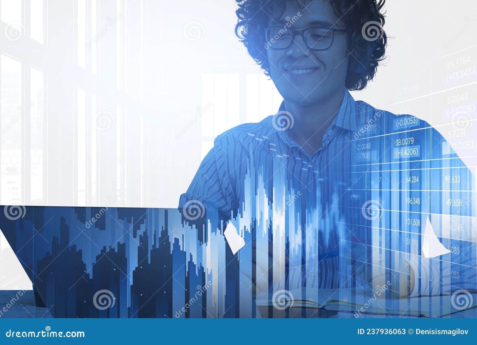 Businessman with Laptop on Table, Smiling and Happy Look, Chart Stock ...