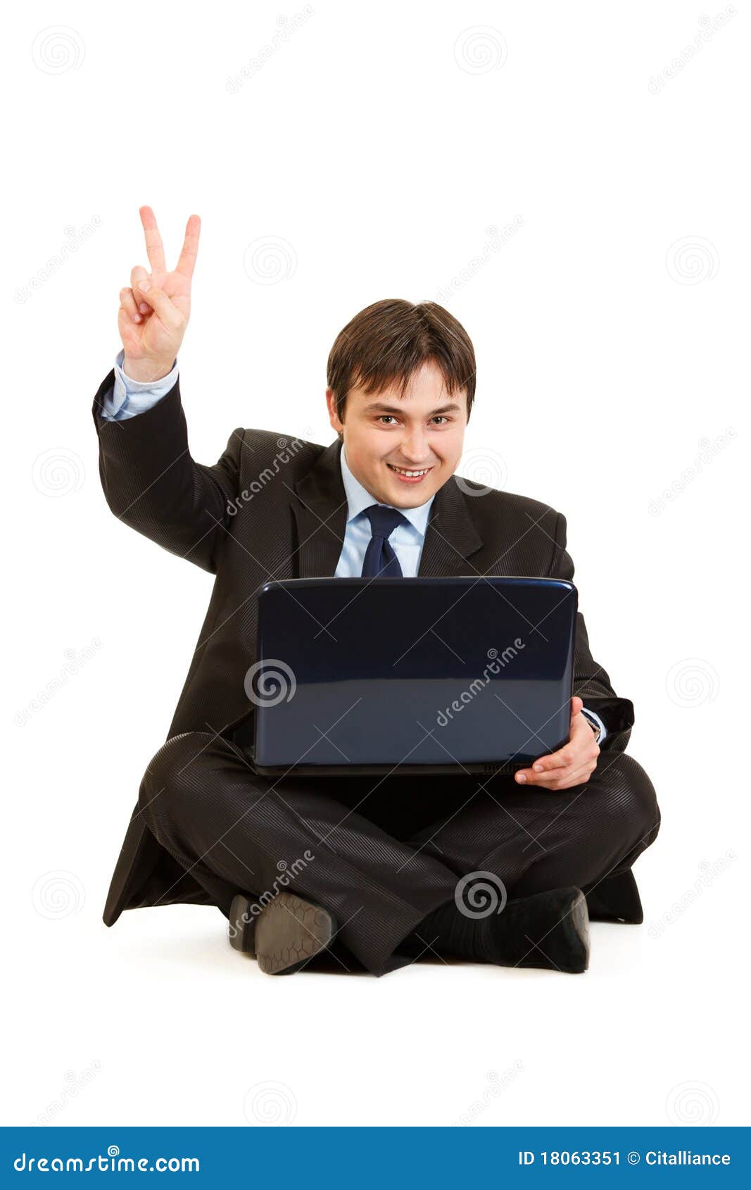 Businessman with Laptops Showing Victory Gesture Stock Image - Image of ...