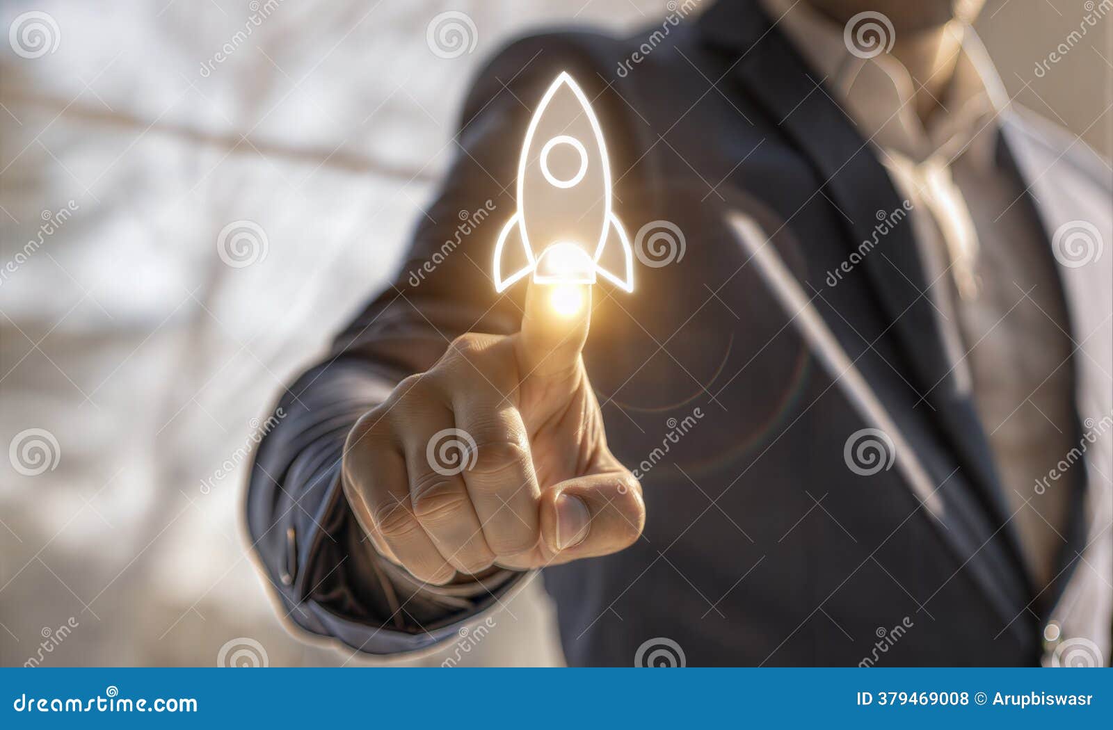 Digital Rocket Launch With Blue Neon Background. 3D Rendering Stock ...