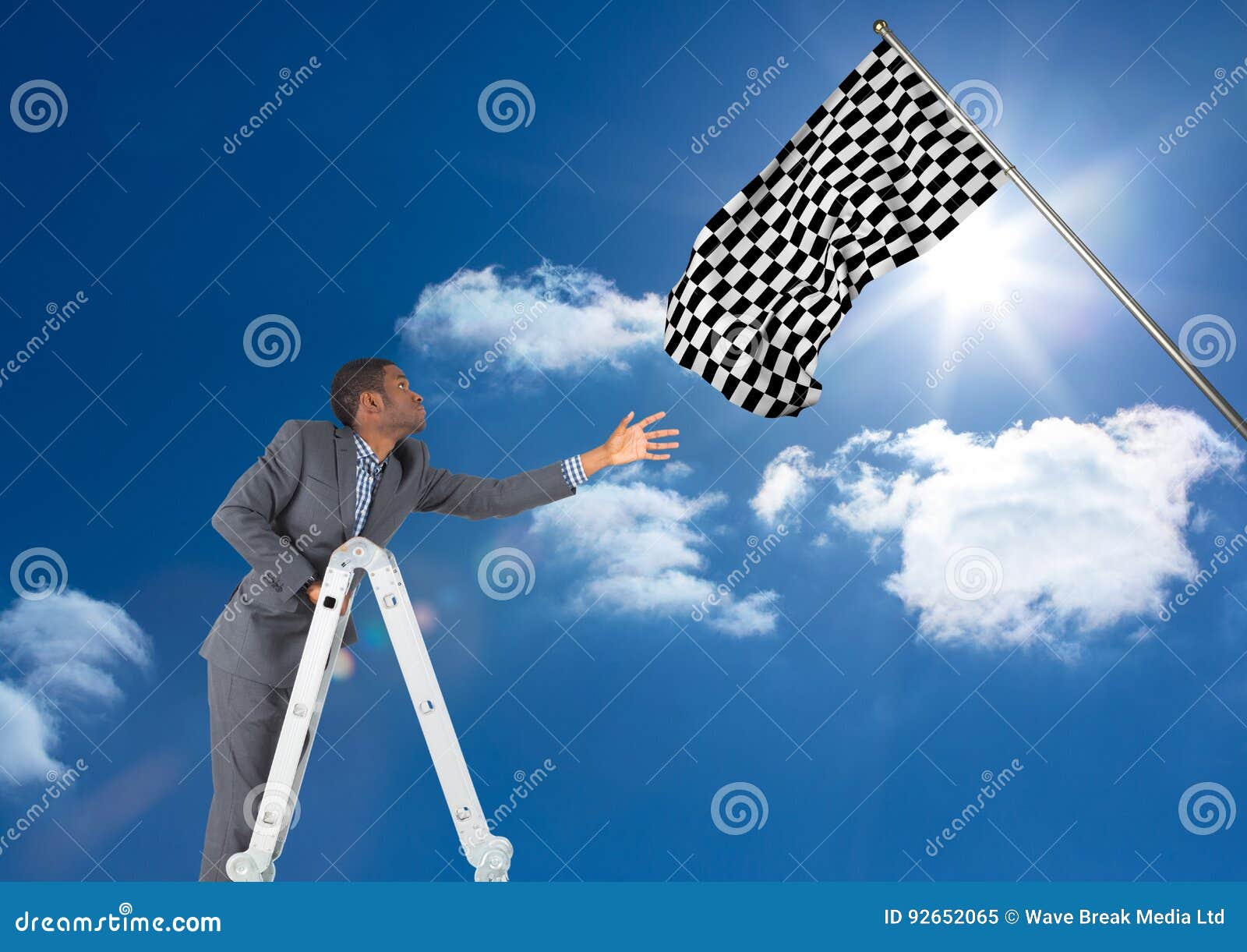 Businessman with Leader Taking the Checker Flag in the Sky Stock Image ...