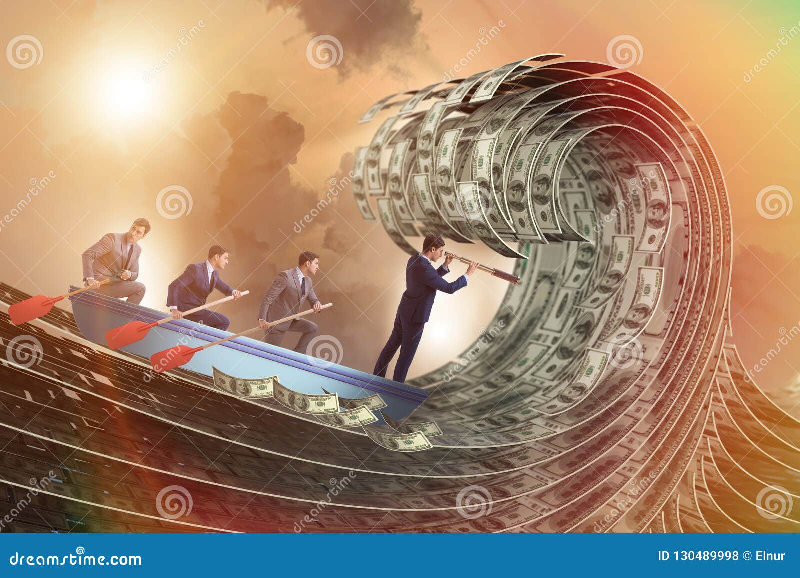 The Businessman Leading His Team through Wave of Dollars Stock Photo ...