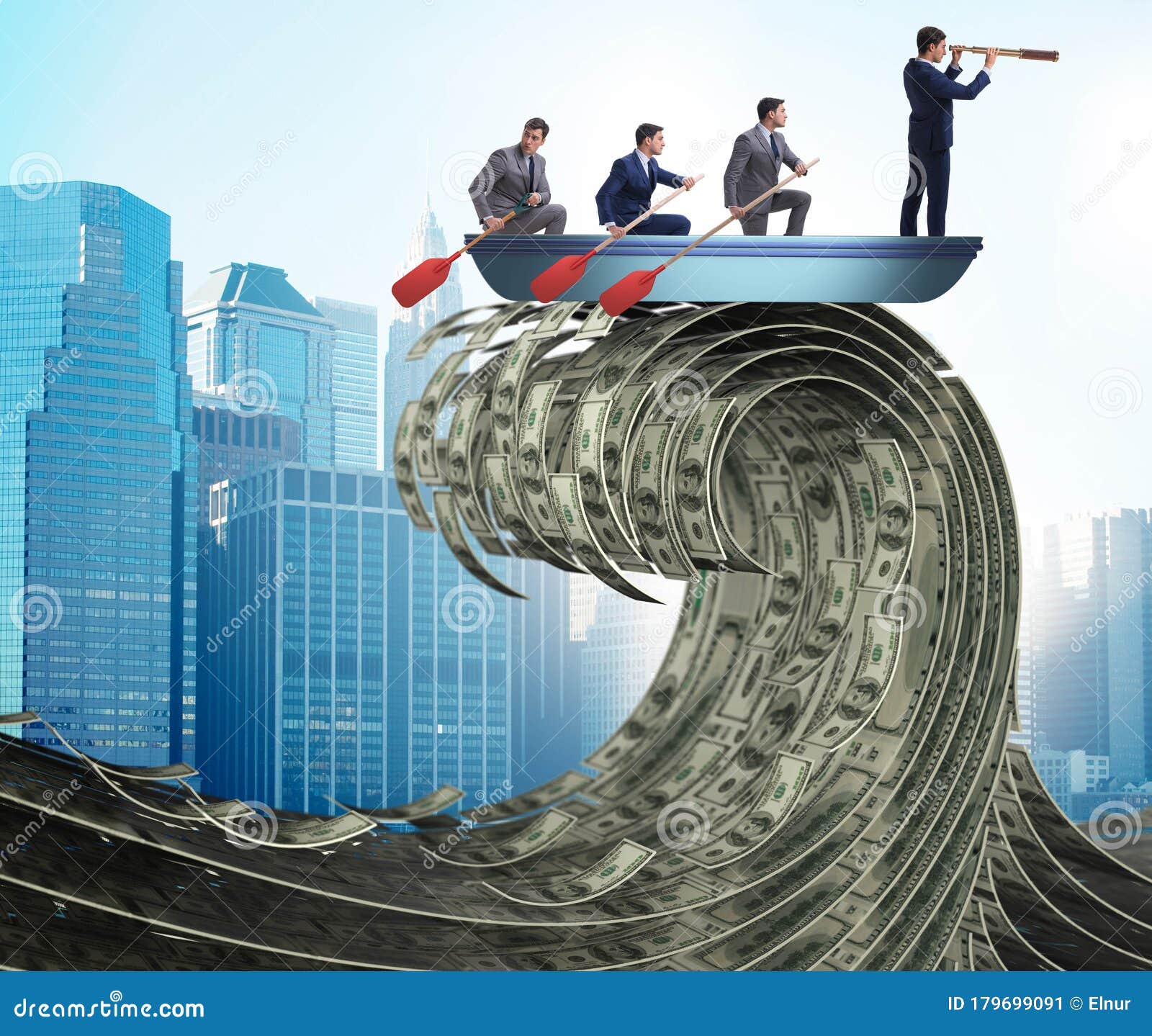 Businessman Leading His Team through Wave of Dollars Stock Image ...