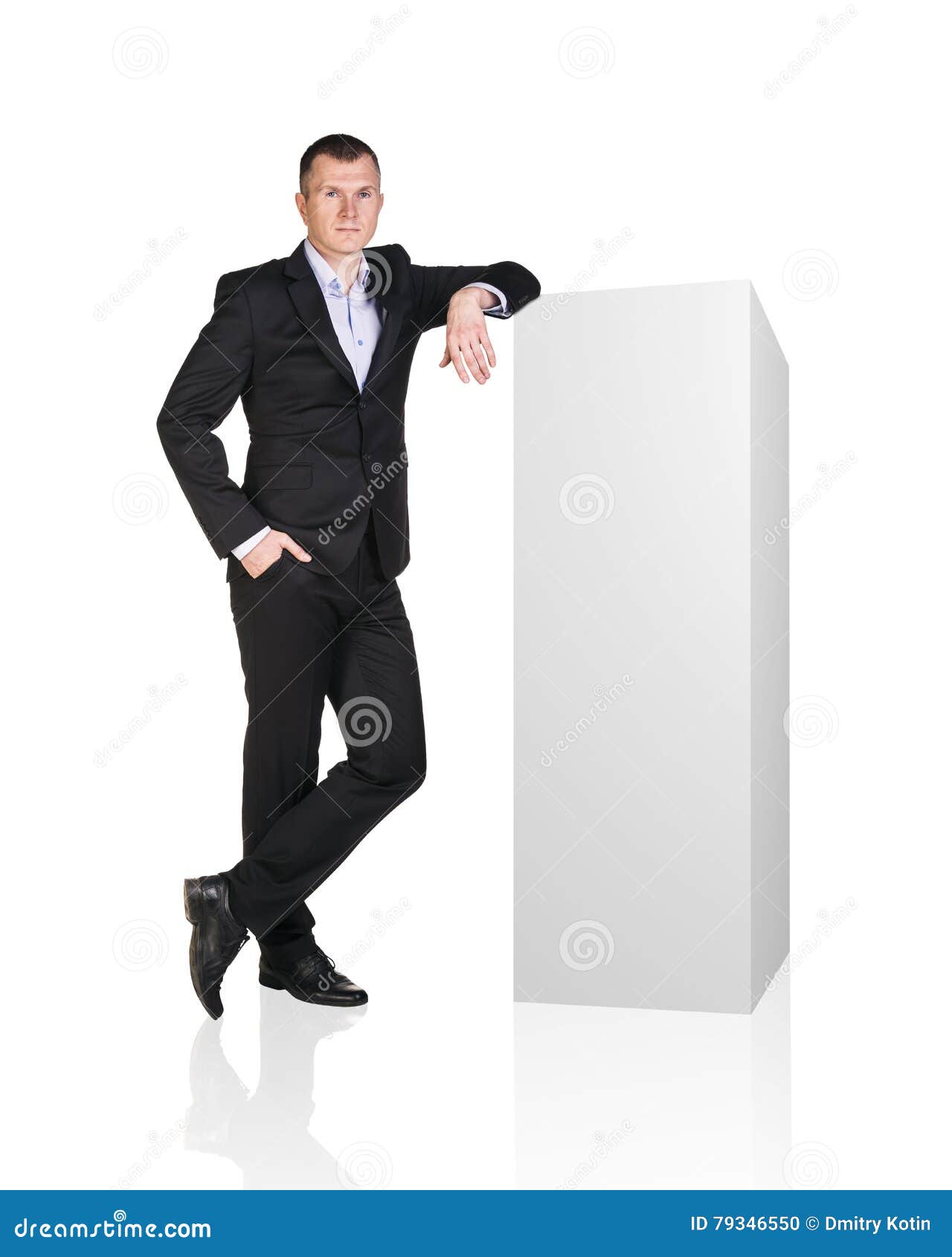 Businessman Leaned on White Blank Box. Stock Photo - Image of ...