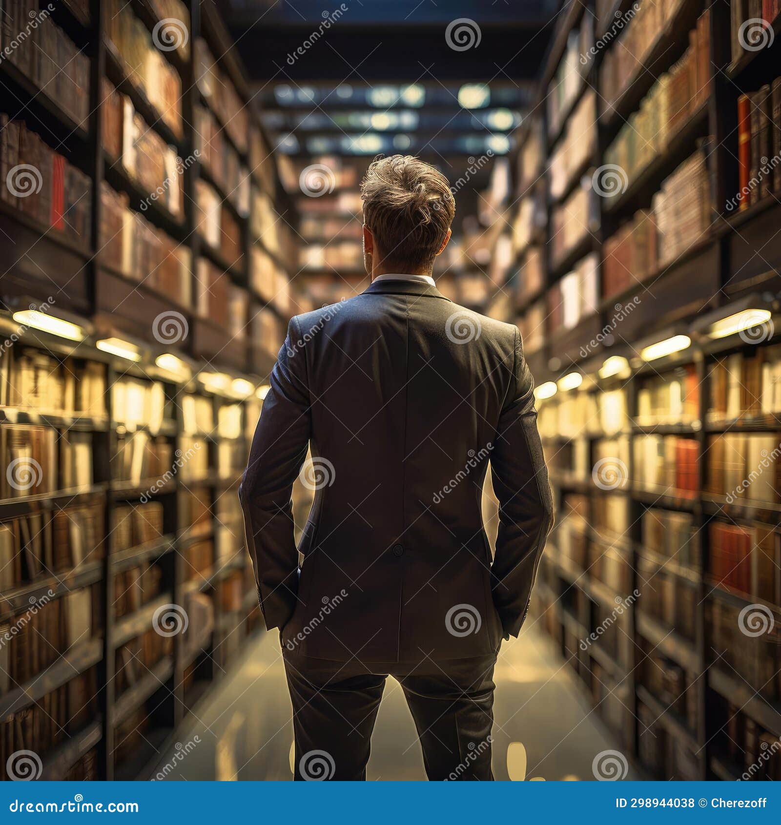 Businessman in the library stock photo. Image of failure - 298944038