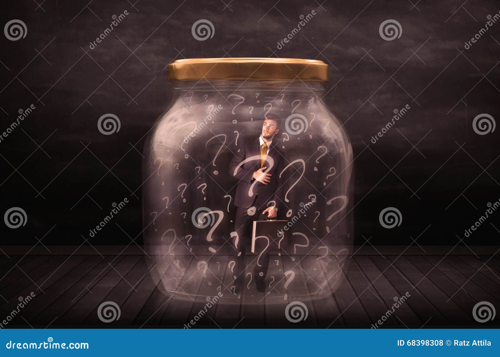 Businessman Locked into a Jar with Question Marks Concept Stock Photo ...