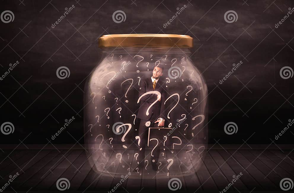 Businessman Locked into a Jar with Question Marks Concept Stock Image ...